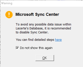 I receive a Microsoft Sync Center pop-up warning when I open Lacerte ...